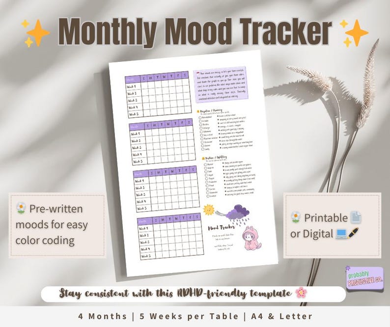 Monthly Mood Tracker Printable (4 Months) | Adhd-friendly Emotions Log ...