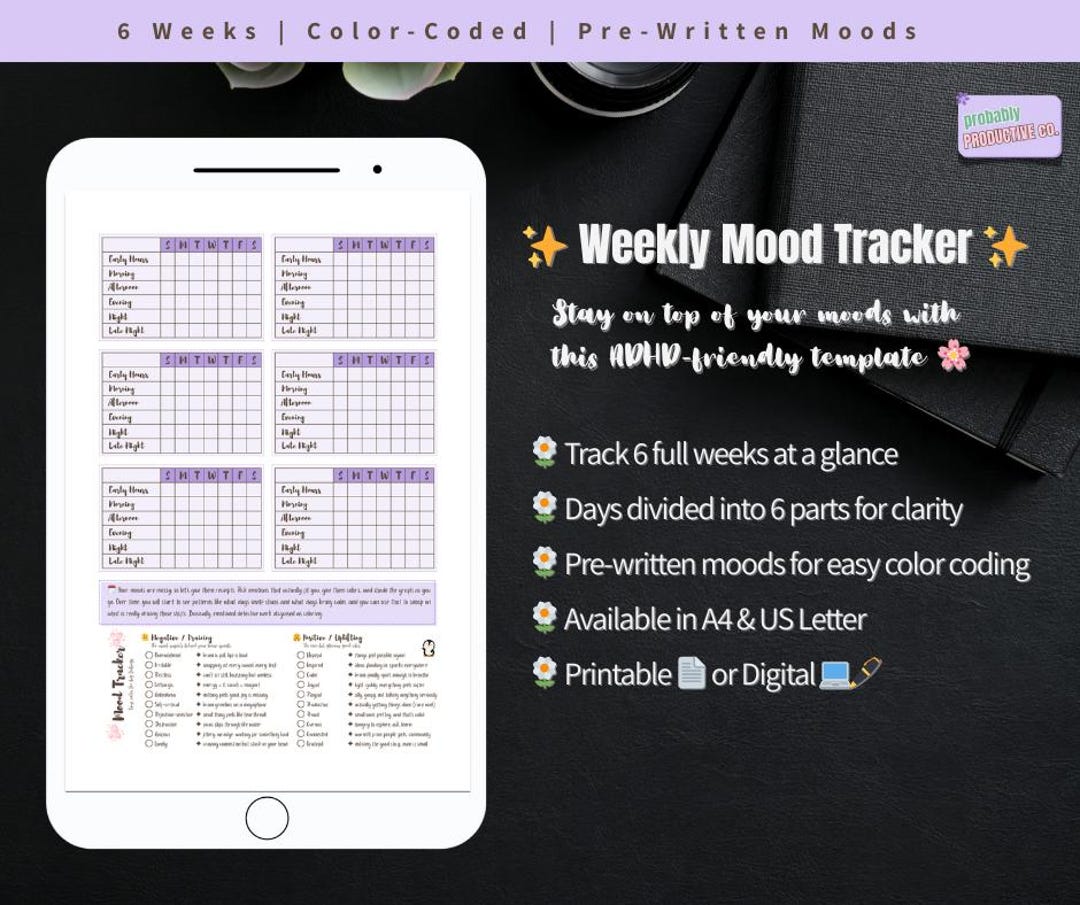 Weekly Mood Tracker Printable (6 Weeks) | Adhd-friendly Emotions Log ...