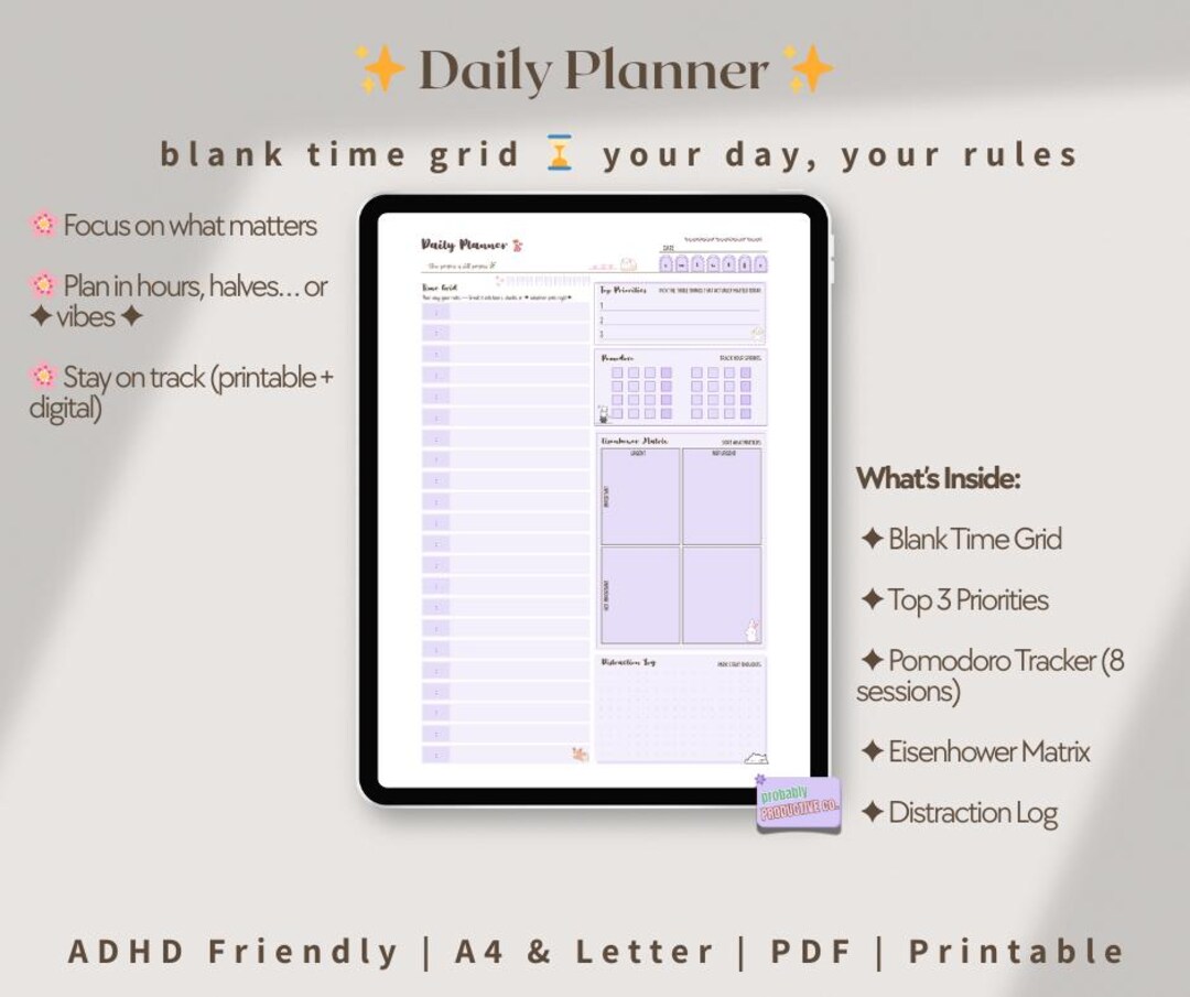 ADHD Daily Planner | Blank Time Grid, Pomodoro & Distraction Log - Etsy