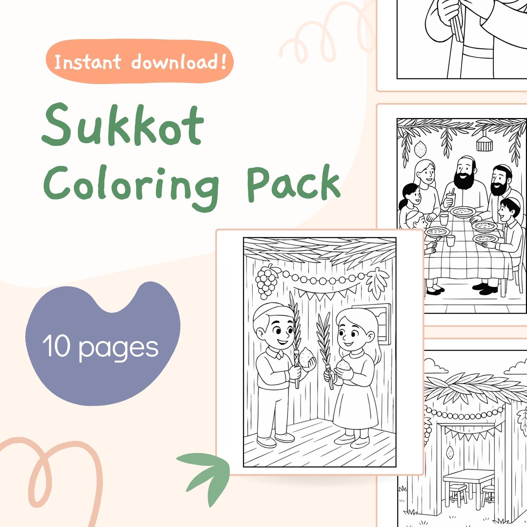 Sukkot Coloring Book for Kids – 10 Printable Pages With a Sukkah, Lulav ...