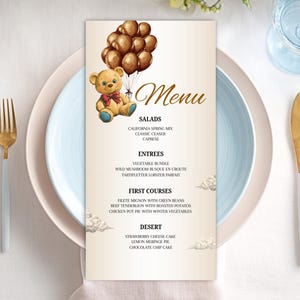 Teddy Bear Baby Shower Menu Template Editable Canva - Etsy