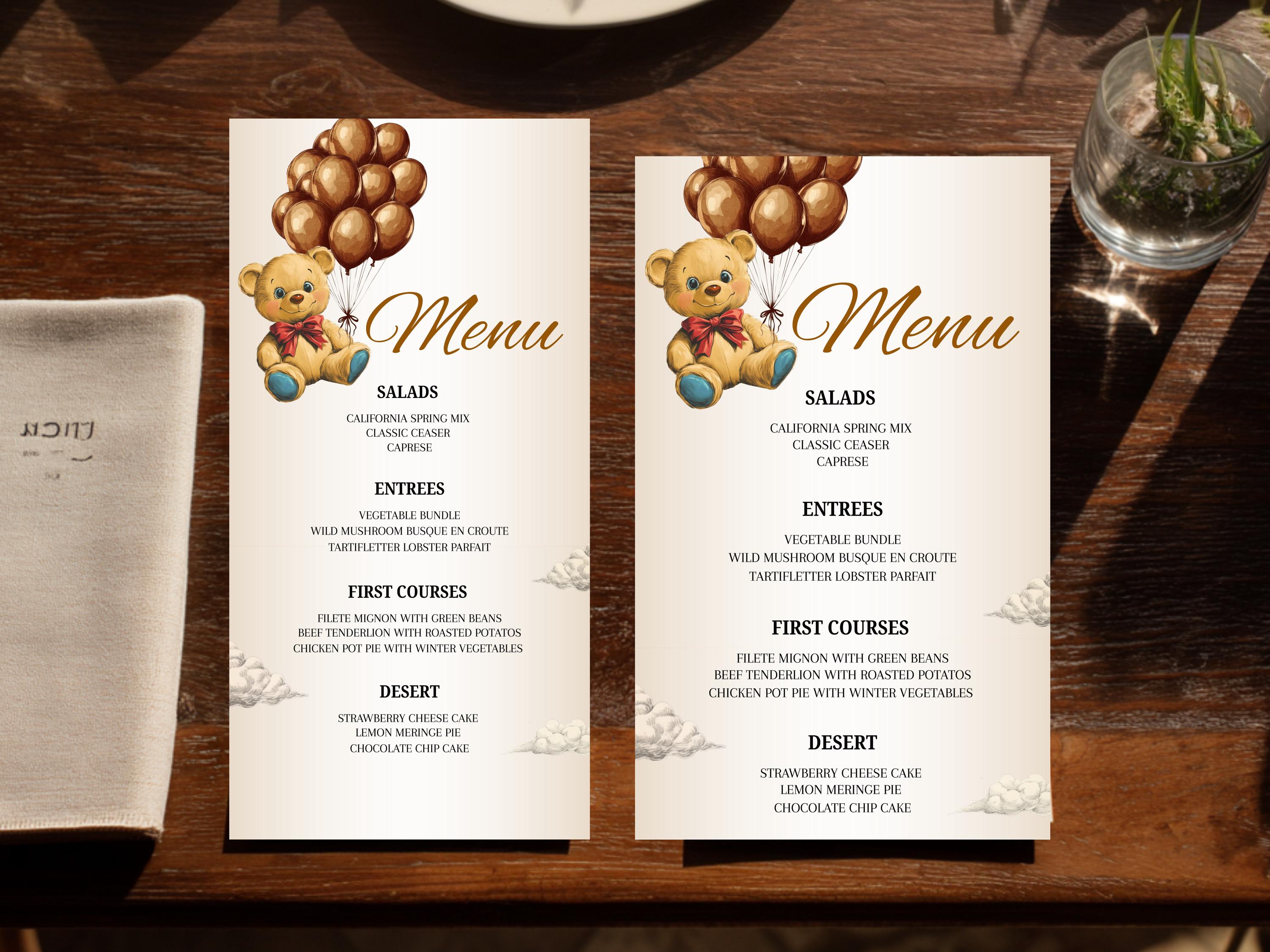 Teddy Bear Baby Shower Menu Template Editable Canva - Etsy