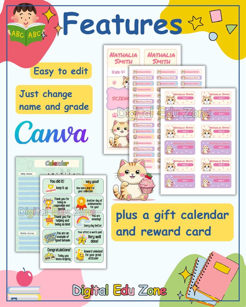 Editable Cat School Labels | Editable Cat Name Tags for Kids ...