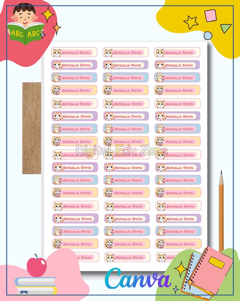 Editable Cat School Labels | Editable Cat Name Tags for Kids ...