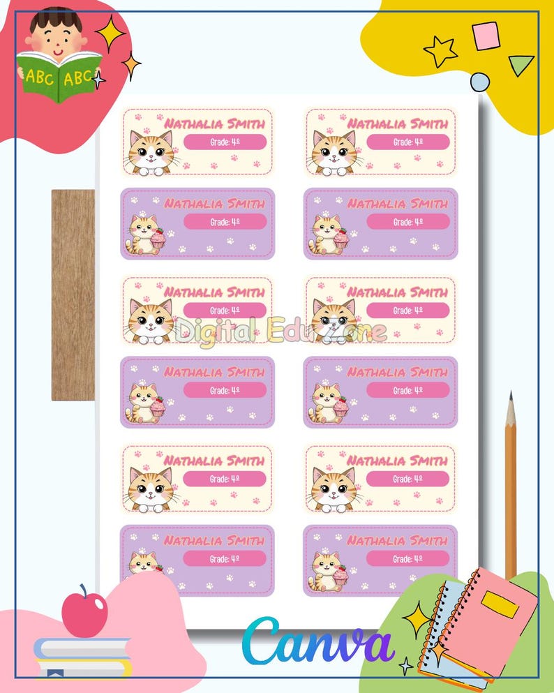 Editable Cat School Labels | Editable Cat Name Tags for Kids ...
