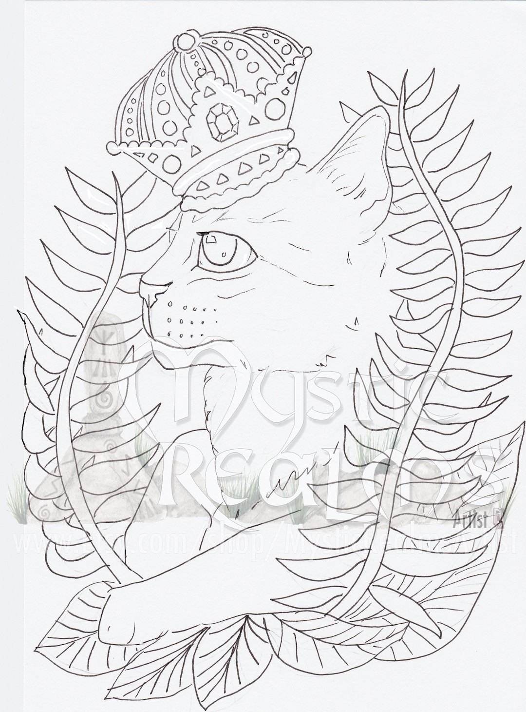 Crowned Tabby Cat, Coloring Page Download, Fancy Cat Art, Big Eyes ...