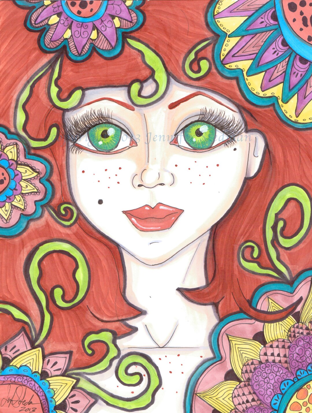 Ginger Faerie Ink Print, Big Eyes Girl, Floral Fantasy Artwork - Etsy