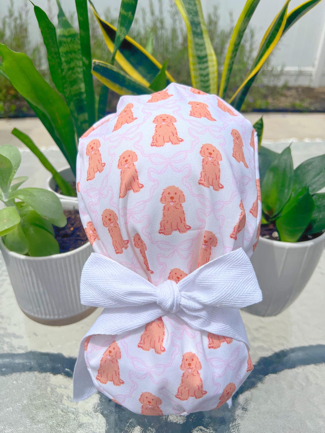 Preppy Doodle Dog Scrub Cap With Tie Back Bow, Pink Golden Doodle Nurse ...