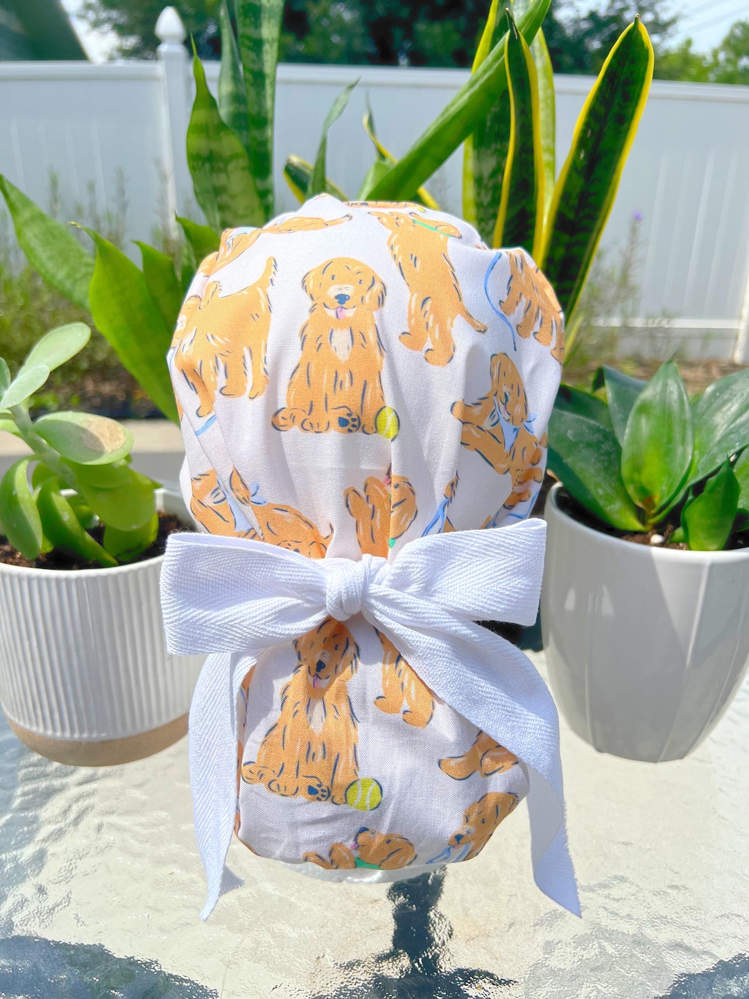 Preppy Puppy Scrub Cap With Tie Back Bow – Golden Dog Scrub Hat With ...