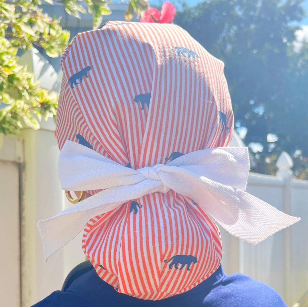 Preppy Tigers Orange and Navy Scrub Cap With Tie Back, Stylish Ponytail ...