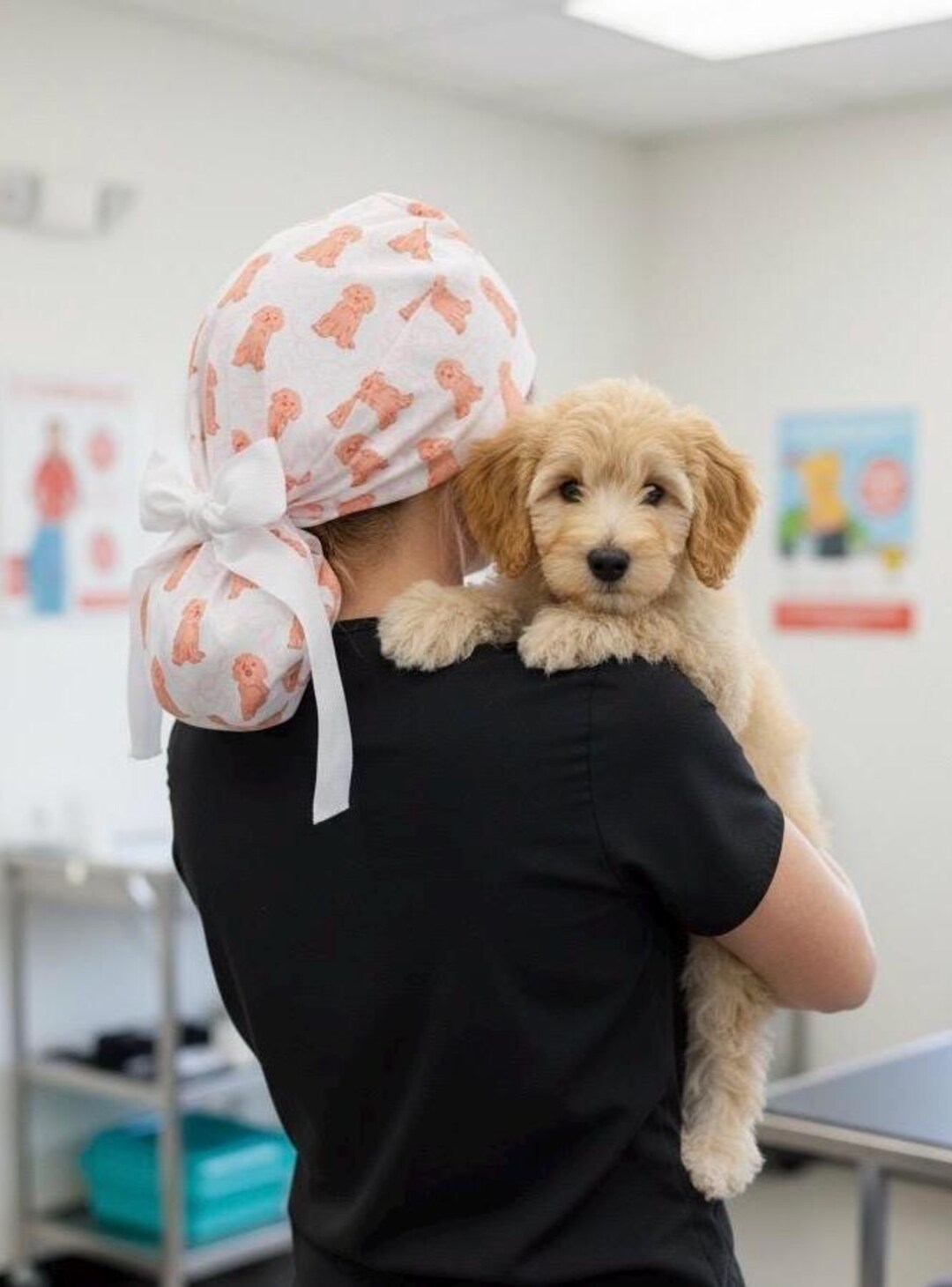 Preppy Doodle Dog Scrub Cap With Tie Back Bow, Pink Golden Doodle Nurse ...