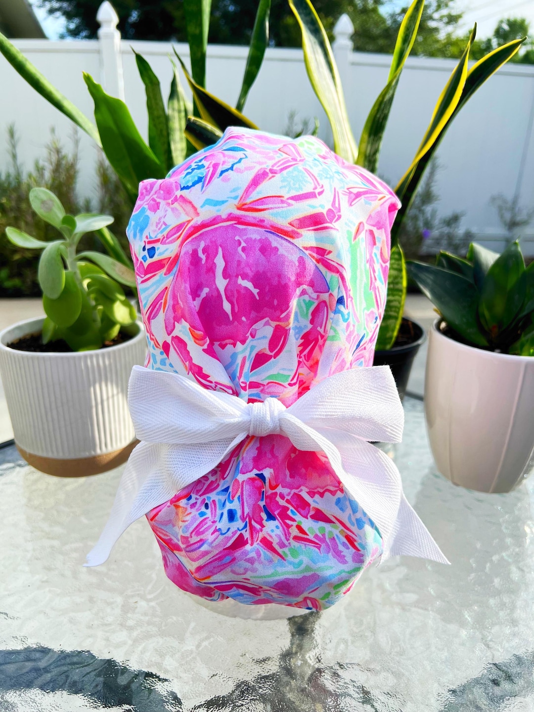 Preppy Pink Crab Scrub Cap, Ponytail Style Scrub Cap, Colorful Coastal ...