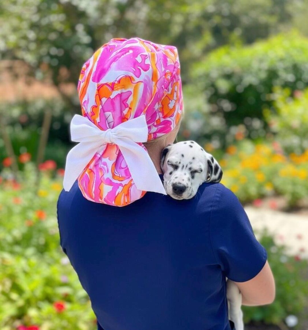 Preppy Pink and Orange Scrub Cap With Tie Back Bow, Bright Ponytail ...