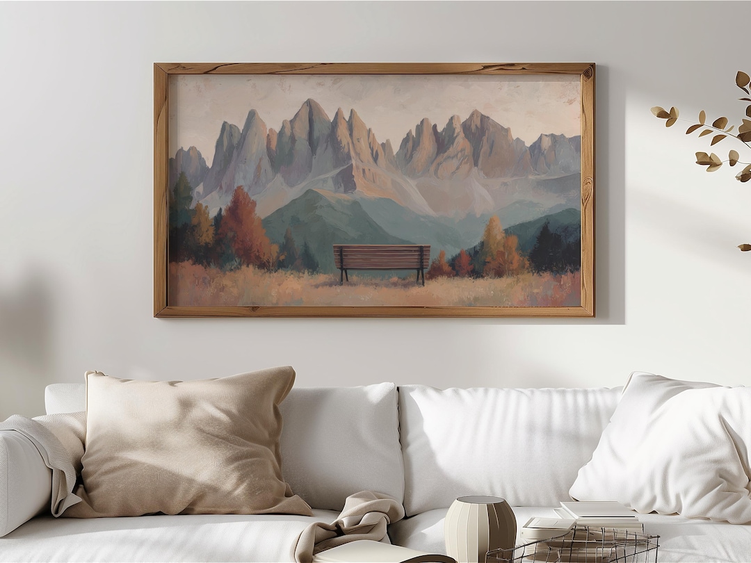 Mountain Viewpoint Bench Frame TV Art, Rustic Mountain Scene Art ...