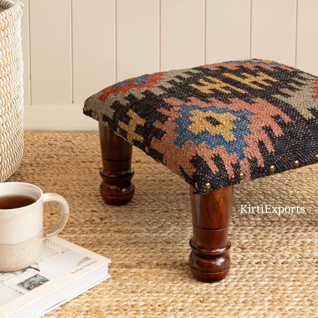Trending Kilim Upholstered Stool - Acacia Wooden Pouf Ottoman Footstool ...