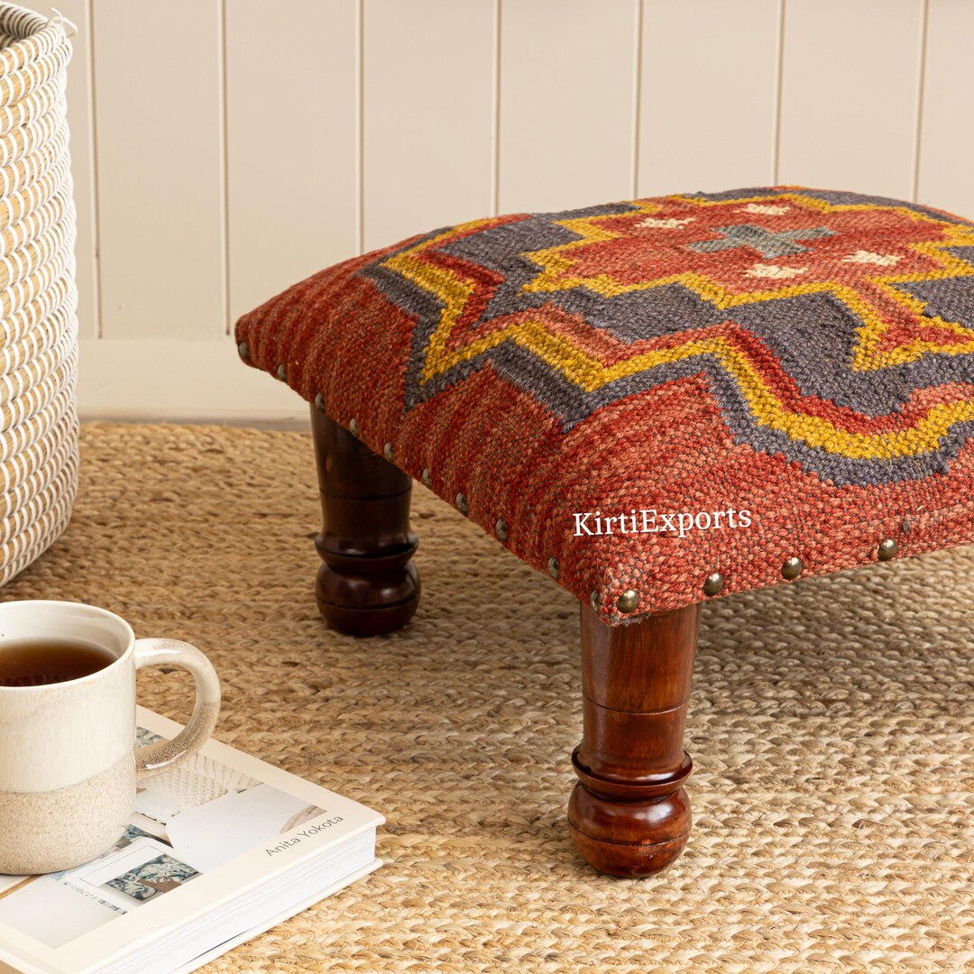 Red Kilim Upholstered Stool Boho Aztec Pattern, Studded Details 14x14x6 ...