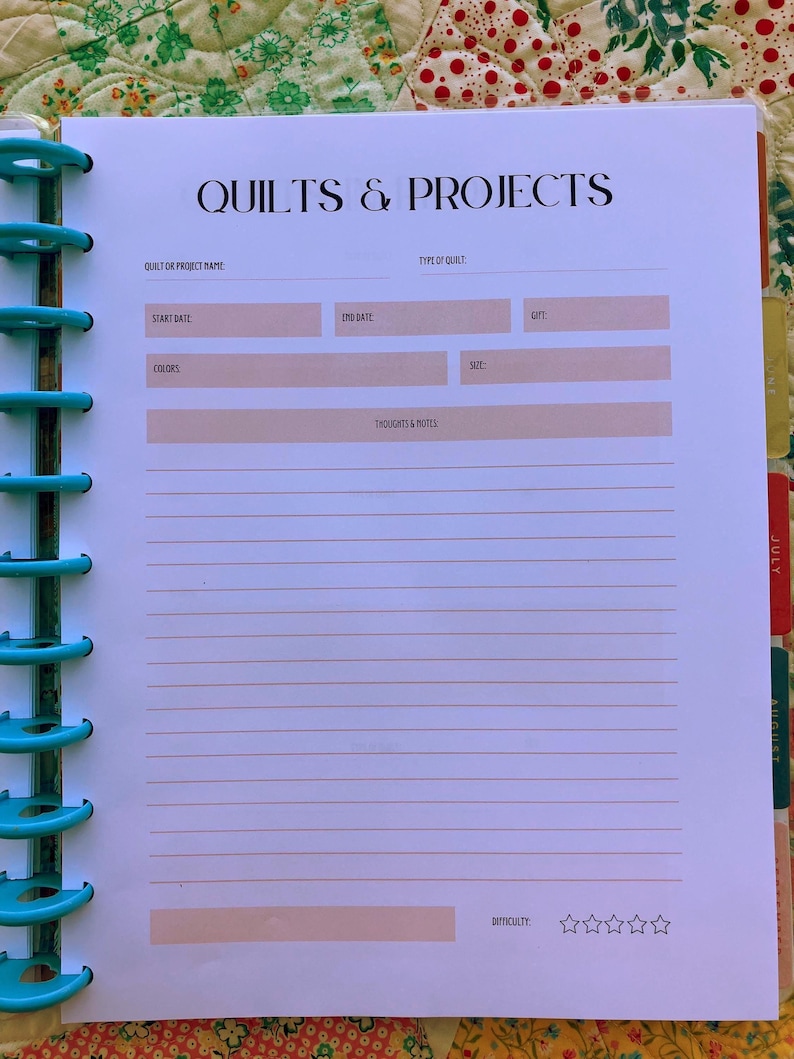 Printable Quilt Journal Fabric Collection Organizer Planner Binder ...