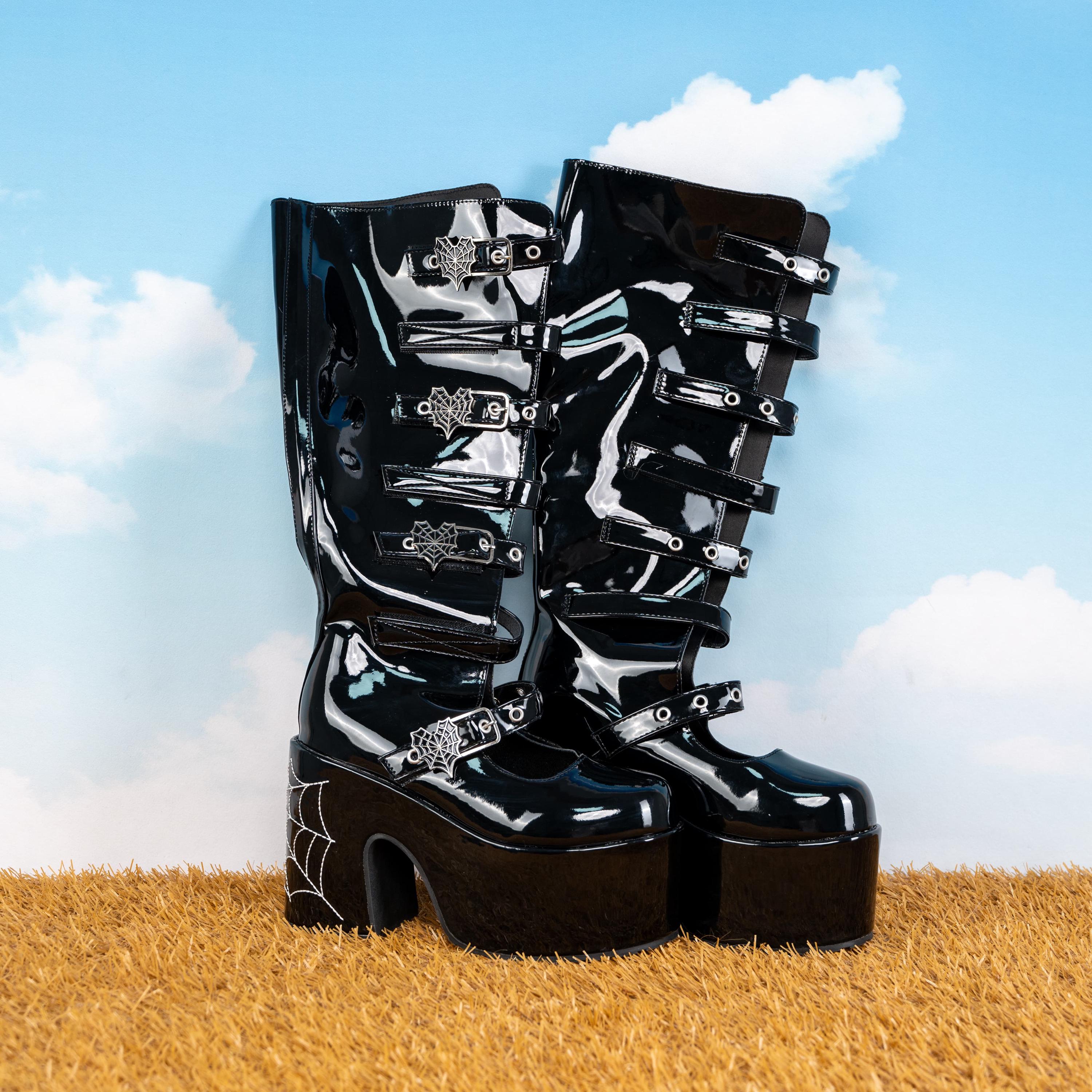Gothic Spider Web Heart Platform Boots Knee High Patent Leather Chunky ...