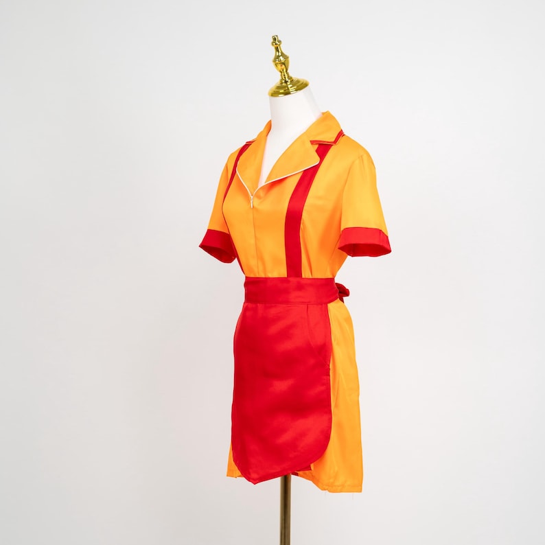Retro Diner Waitress Cosplay Costume Yellow Red Uniform Dress With ...
