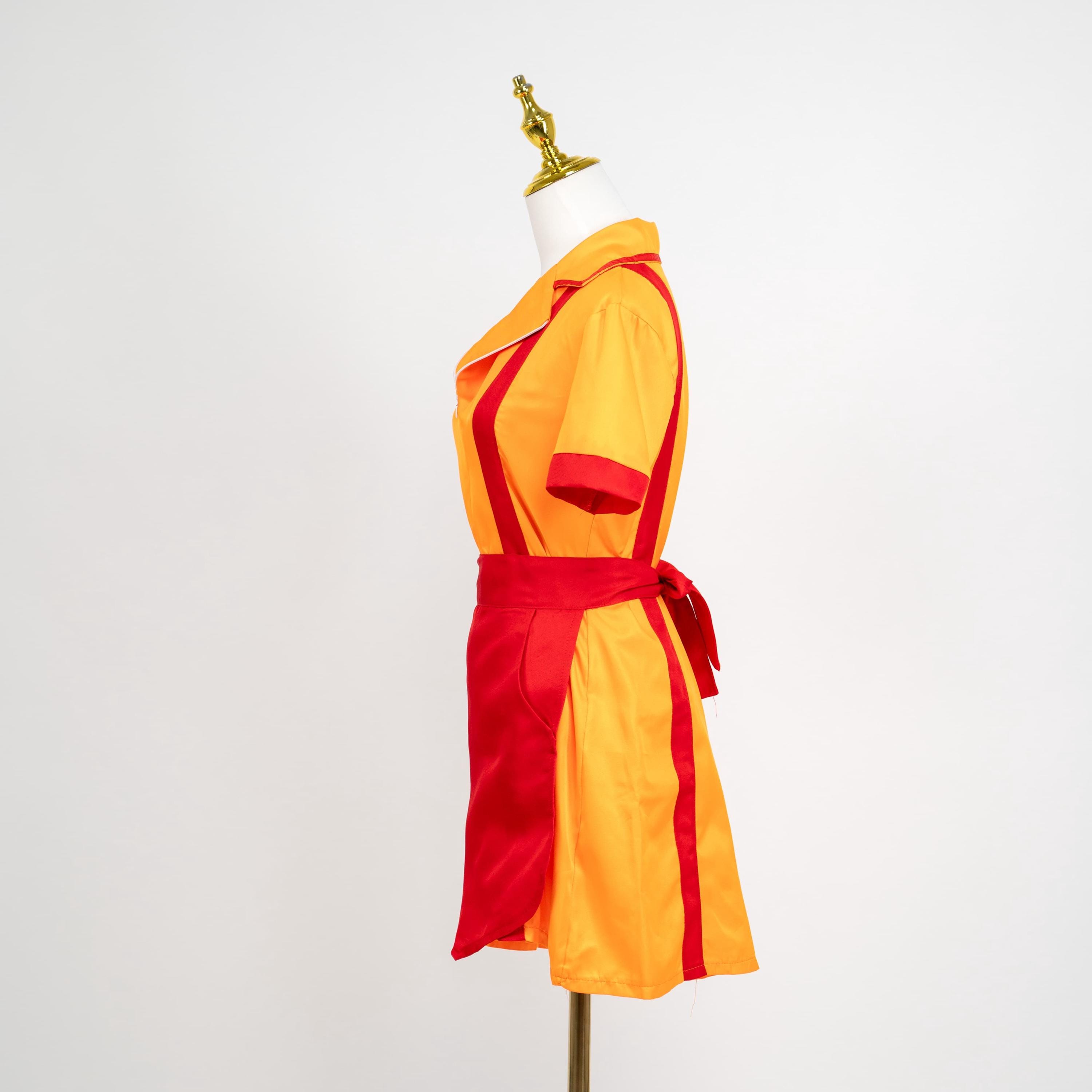 Retro Diner Waitress Cosplay Costume Yellow Red Uniform Dress With ...