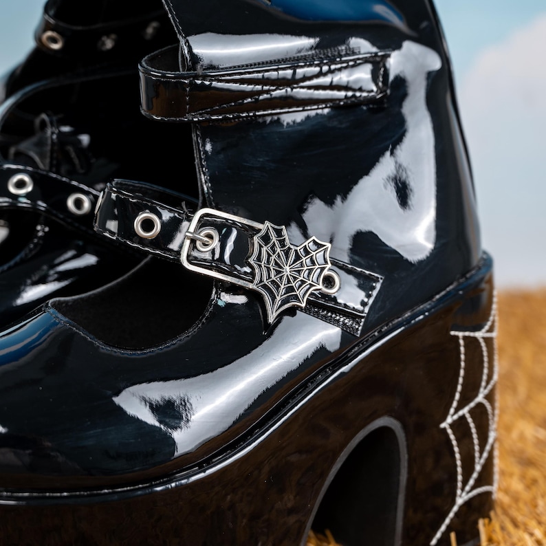 Gothic Spider Web Heart Platform Boots Knee High Patent Leather Chunky ...