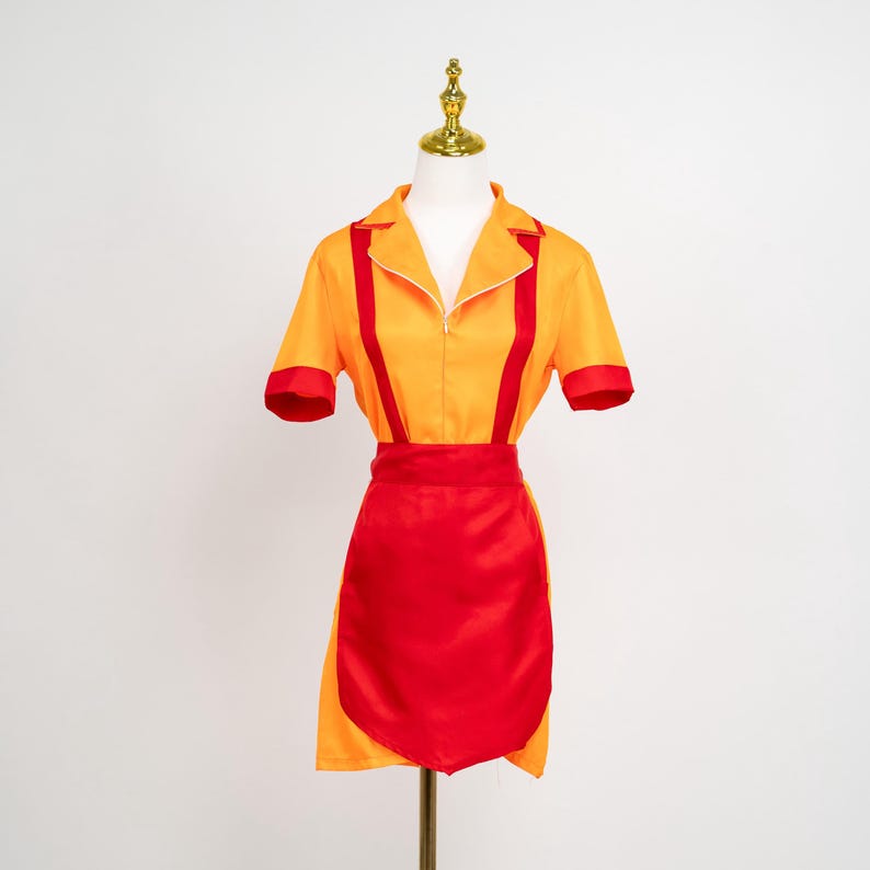 Retro Diner Waitress Cosplay Costume Yellow Red Uniform Dress With ...