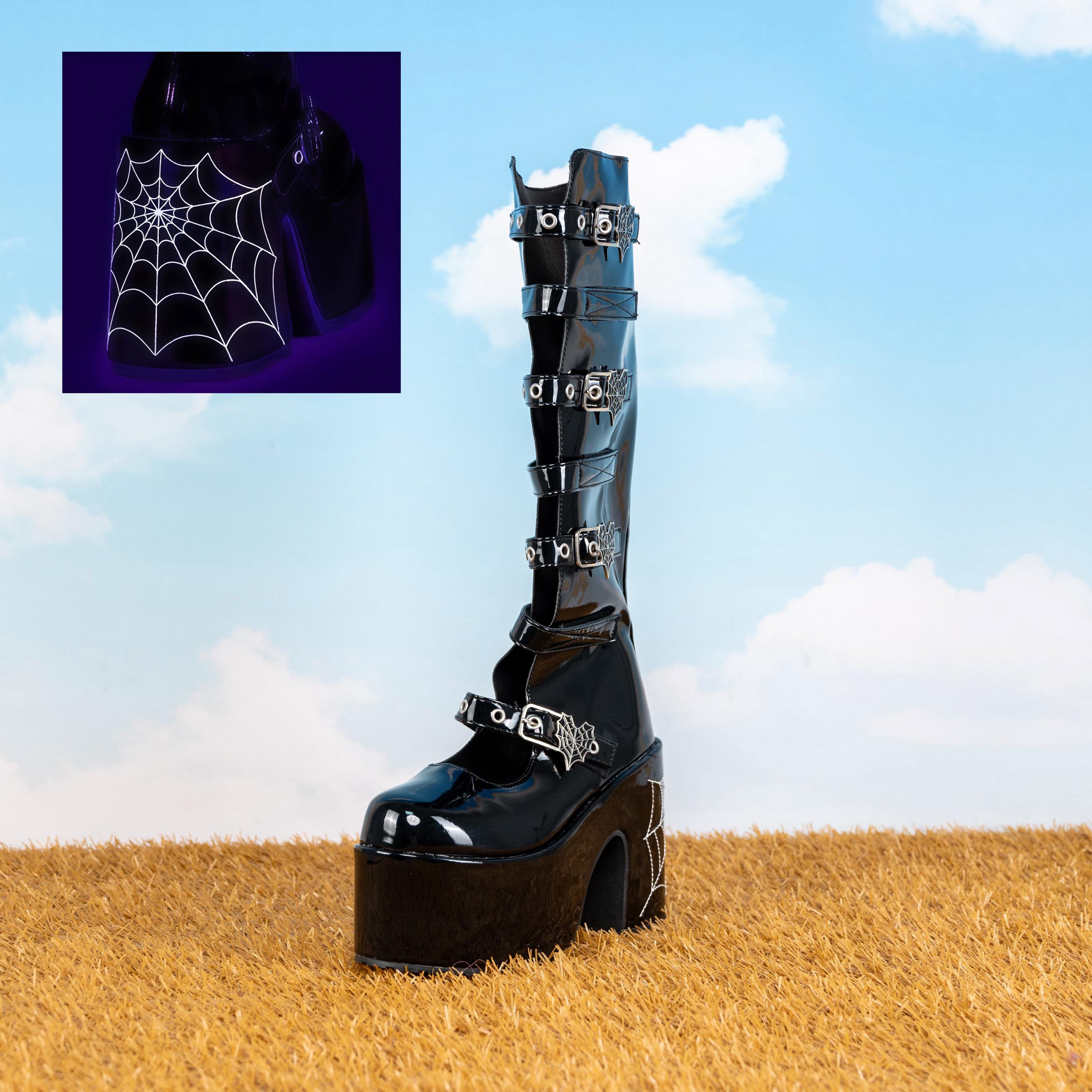Gothic Spider Web Heart Platform Boots Knee High Patent Leather Chunky ...