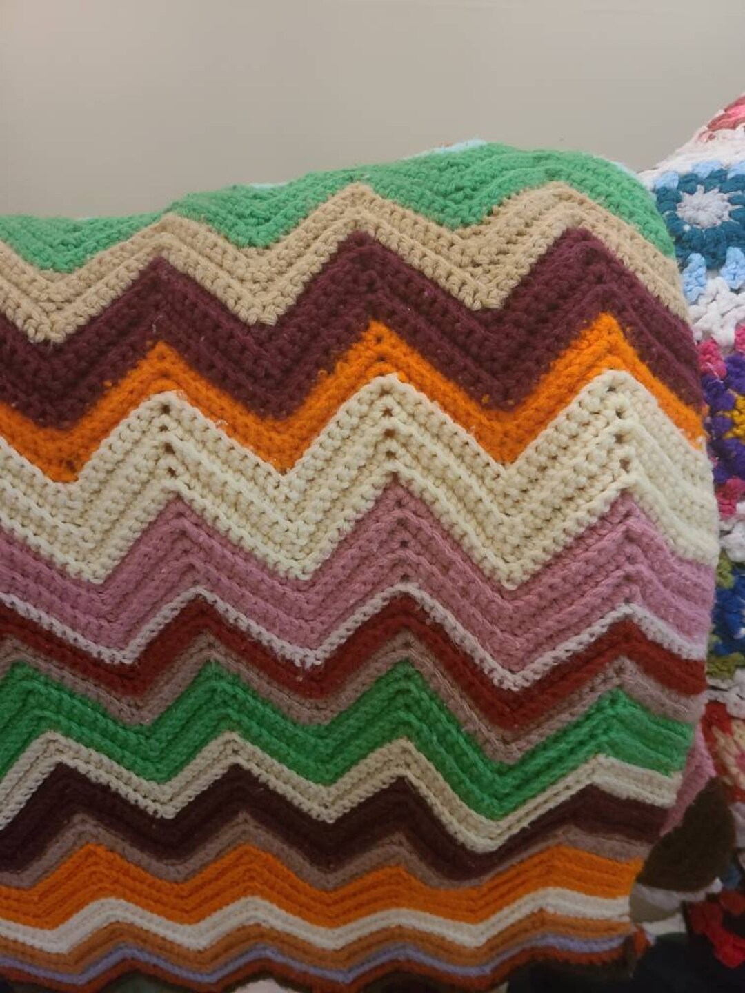 Ready to Ship Multi Color Single Crochet Chevron Ripple Afghan Vintage ...