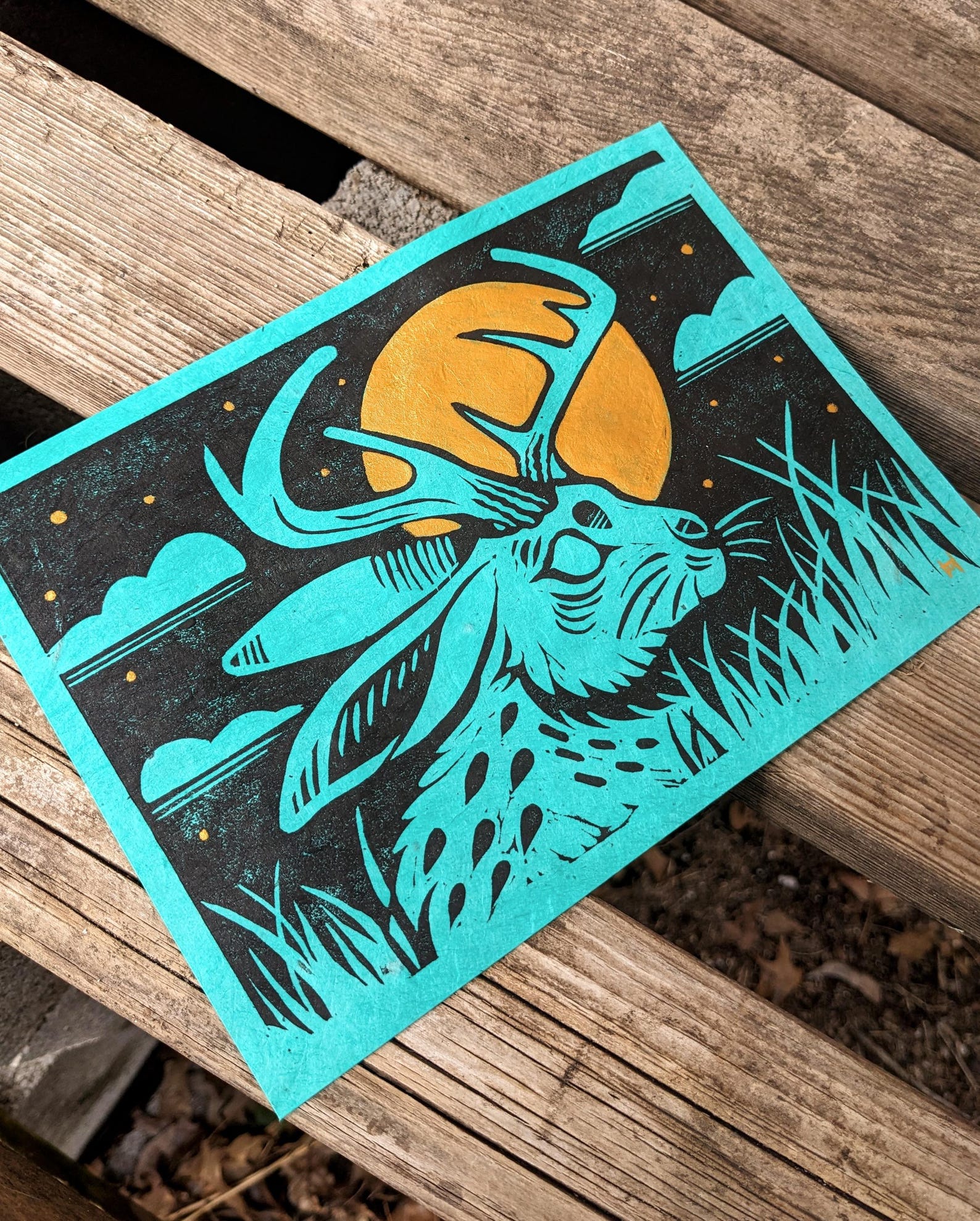 Jackalope Moon Linocut Print - Etsy