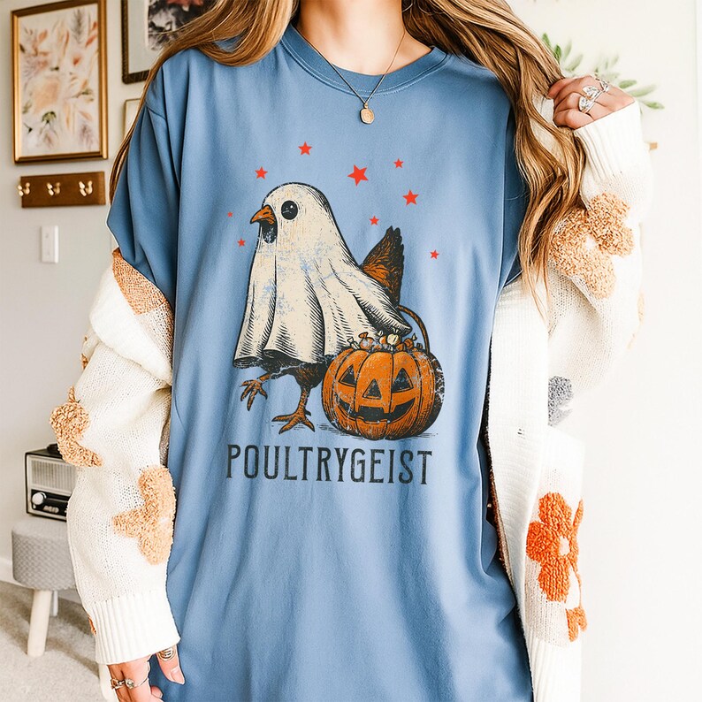 Poultrygeist Funny Halloween Chicken Ghost Costume Tshirt With Pumpkin ...