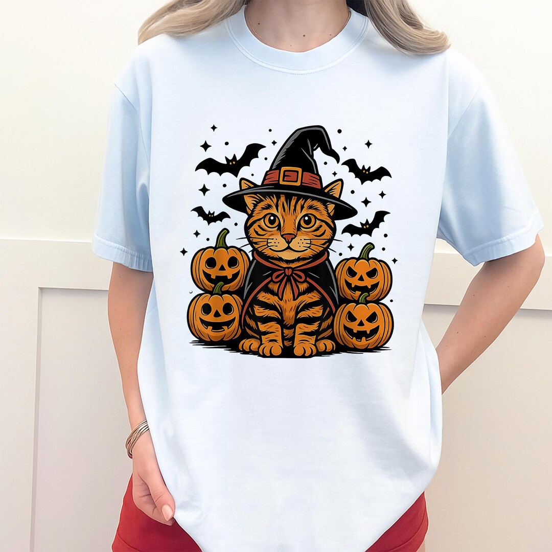 Spooky Orange Tabby Cat Witch Tshirt With Pumpkins and Bats for ...