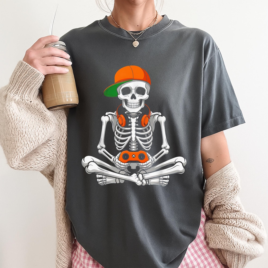 Skeleton Playing Video Game Halloween Costume Tshirt for Men Kids Fun ...