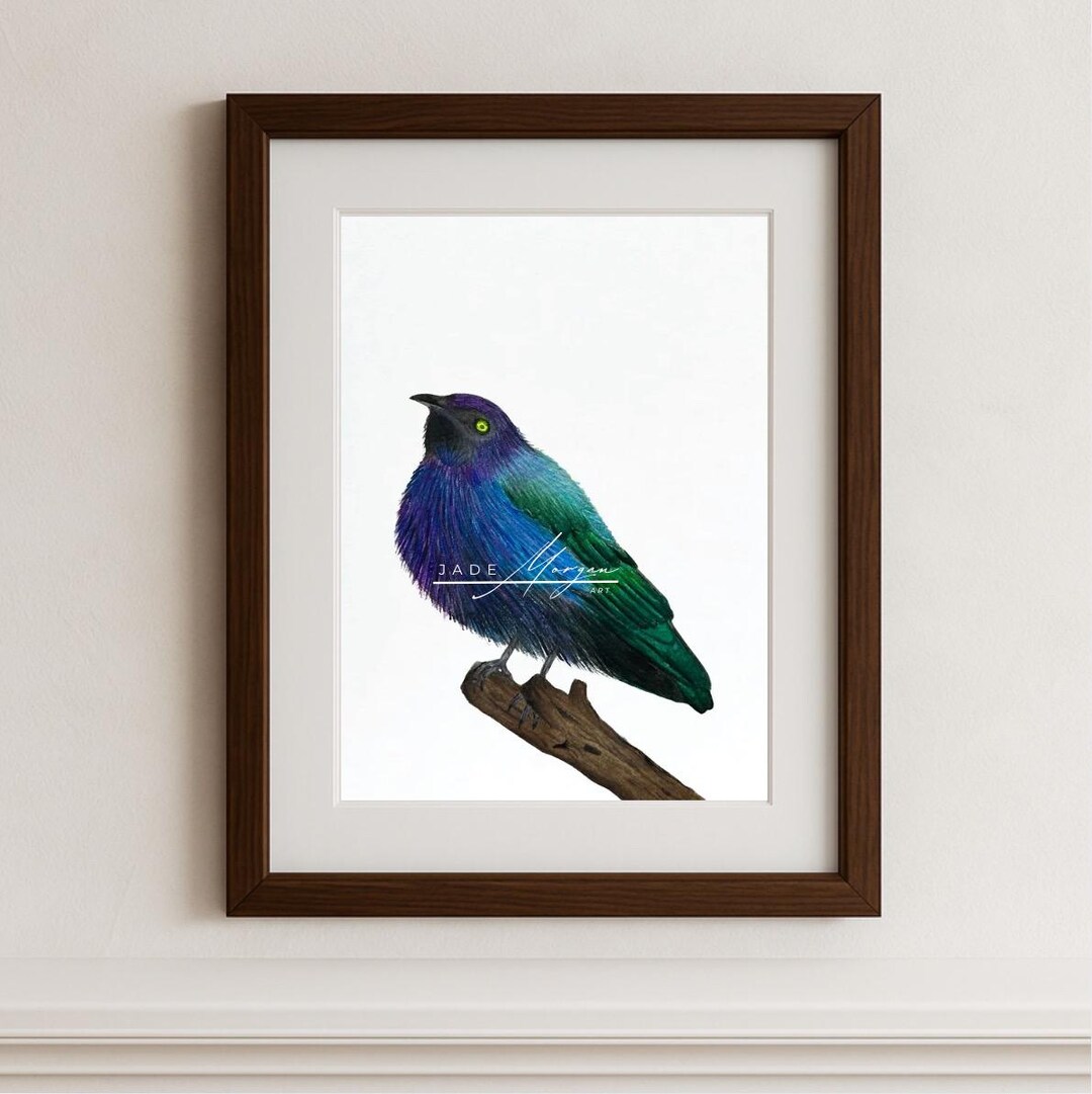 Hand Painted Purple Glossy Starling Wall Art | Watercolour Bird Print ...