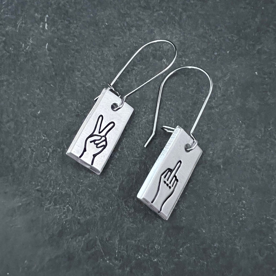 Peace Sign and Middle Finger Hand Stamped Earrings - Etsy