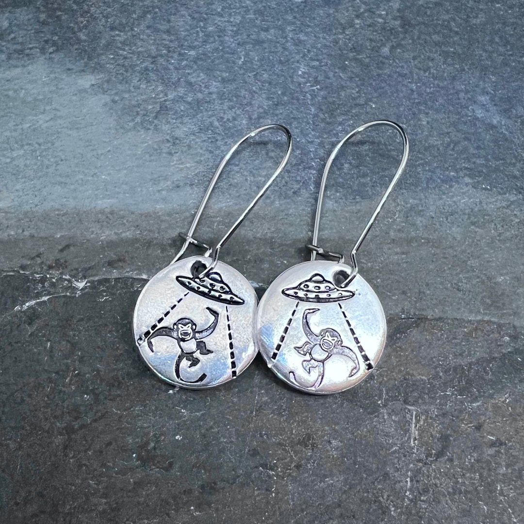 Alien Abduction of Monkey Hand Stamped Earrings - Etsy