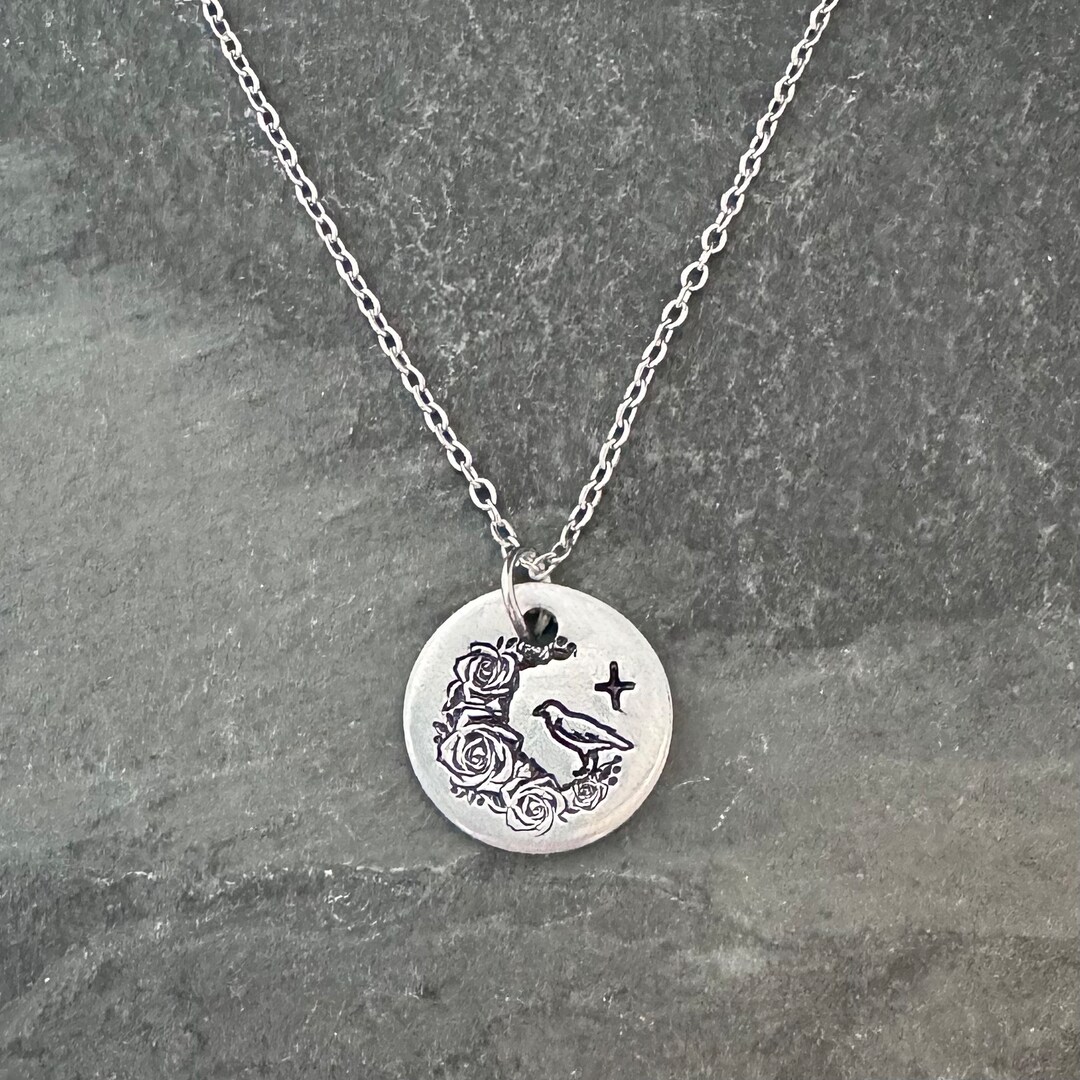 Micro Raven Siting on a Rose Flowered Crescent Moon Hand Stamped ...