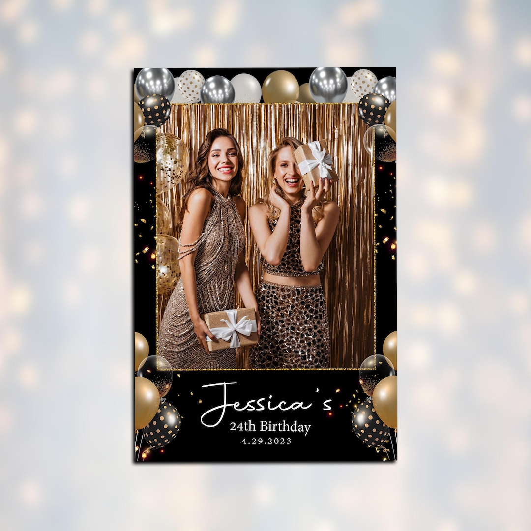 Birthday Photobooth Template Gold and Black Balloons Gold Glitter ...