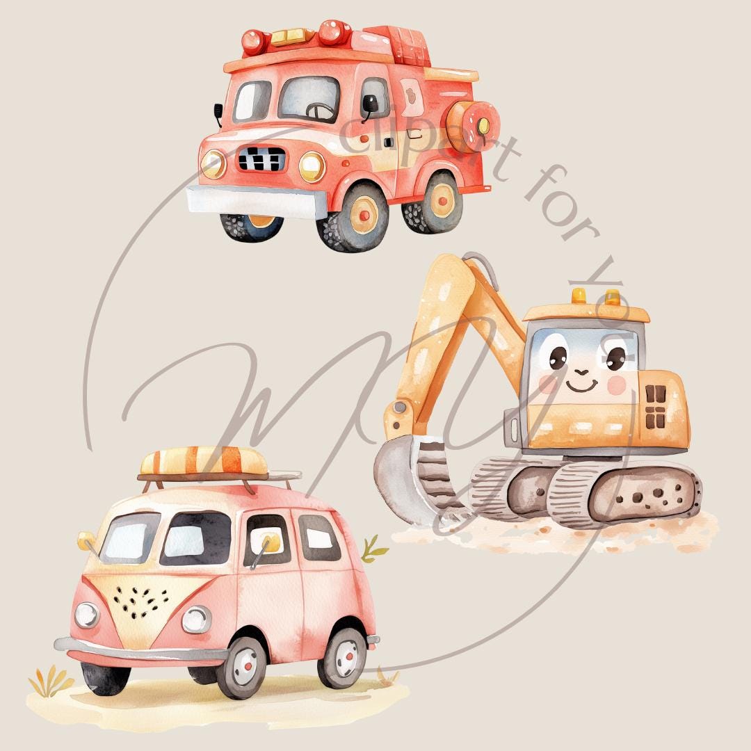 Cute Vehicle Clipart Bundle | Cars, Fire Trucks & Diggers | Watercolor ...