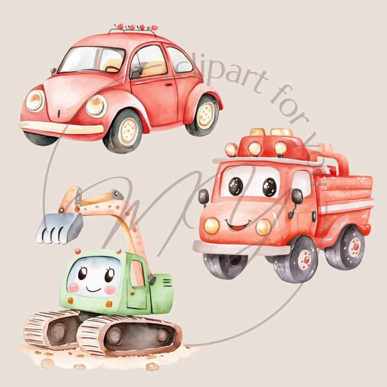 Cute Vehicle Clipart Bundle | Cars, Fire Trucks & Diggers | Watercolor ...