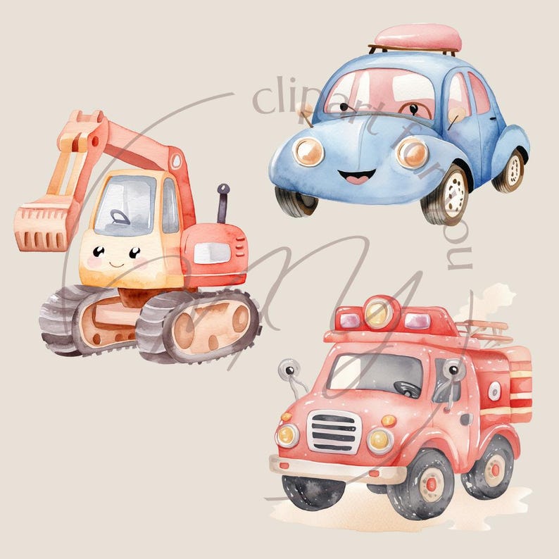 Cute Vehicle Clipart Bundle | Cars, Fire Trucks & Diggers | Watercolor ...
