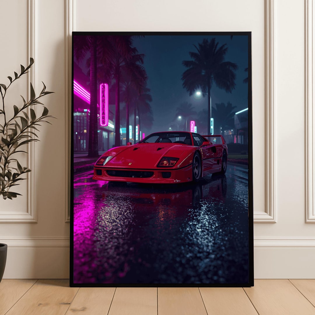 Ferrari F40 Neon Night – Miami Synthwave Car Poster, Cyberpunk Supercar ...