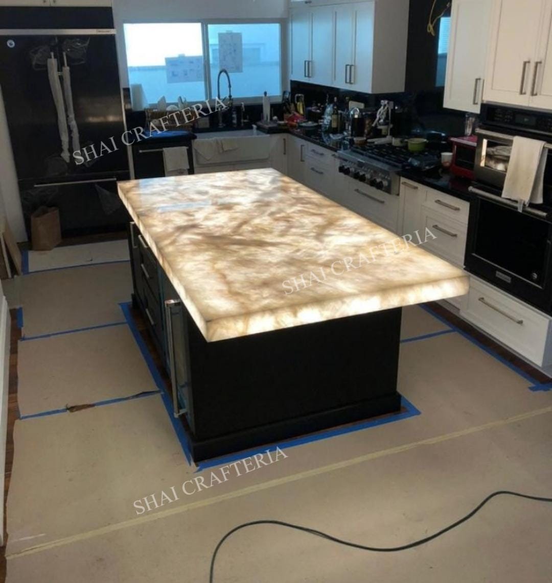 Handmade White Quartz Countertop With Lighting, Custom Stone Table Top ...