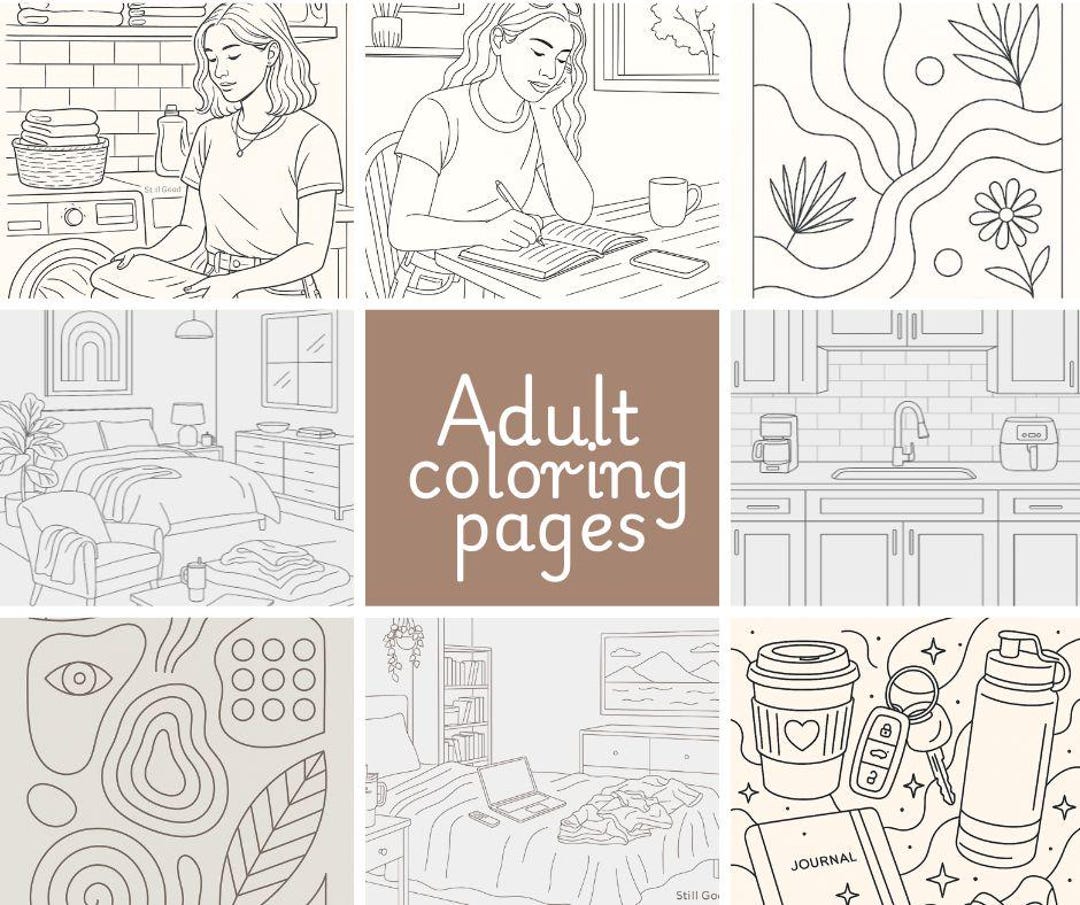 Cozy Millennial Life Adult Coloring Pages Bundle – Relaxing Real-life ...