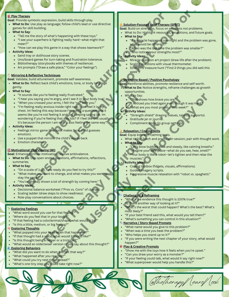 Therapist Cheat Sheet – Counseling Techniques & Prompts - Etsy