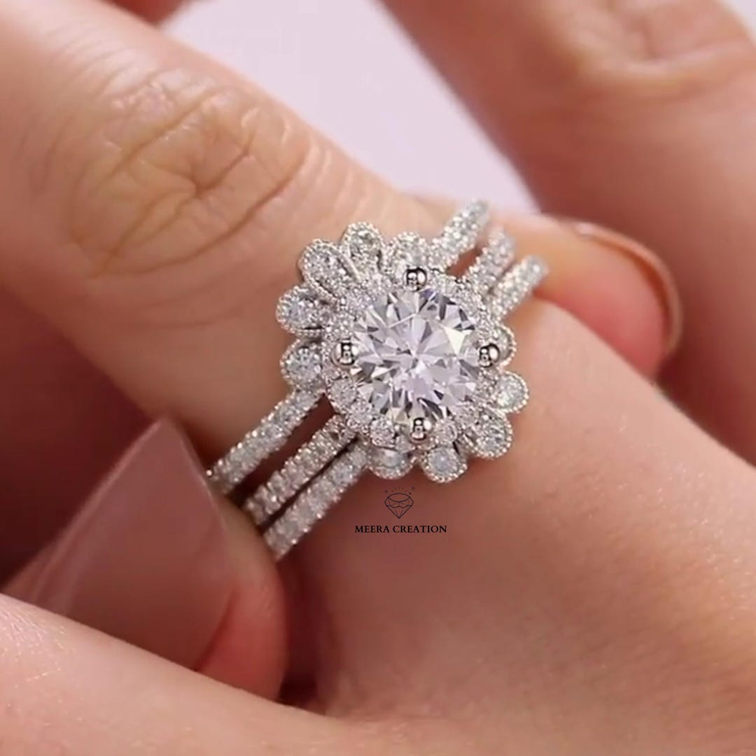 Round Cut Moissanite Engagement Ring Enhancer Band Vintage Ring Solid ...