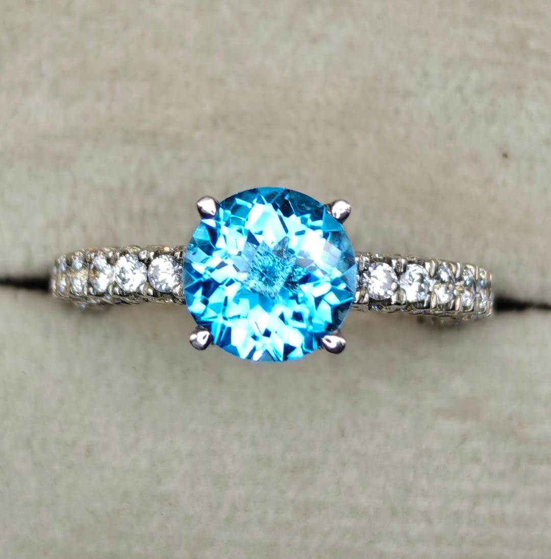 Elegant Natural Swiss Blue Topaz Ring 8 Mm | Round Cut Topaz With CZ ...