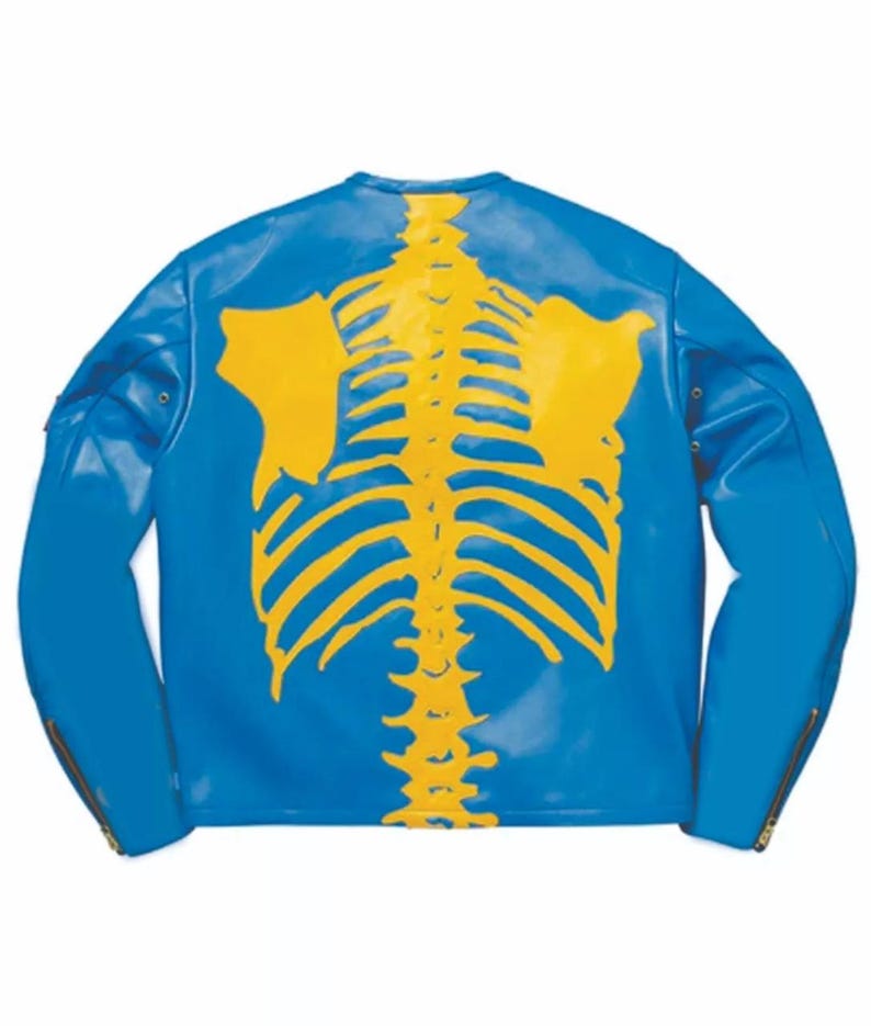 Men’s Blue Skeleton Bones Leather Biker Riding Jacket Real Cowhide ...