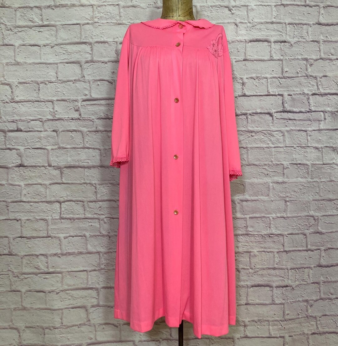 70s Hot Pink House Coat With Lace and Floral Embroidery | Lorraine | Sz ...