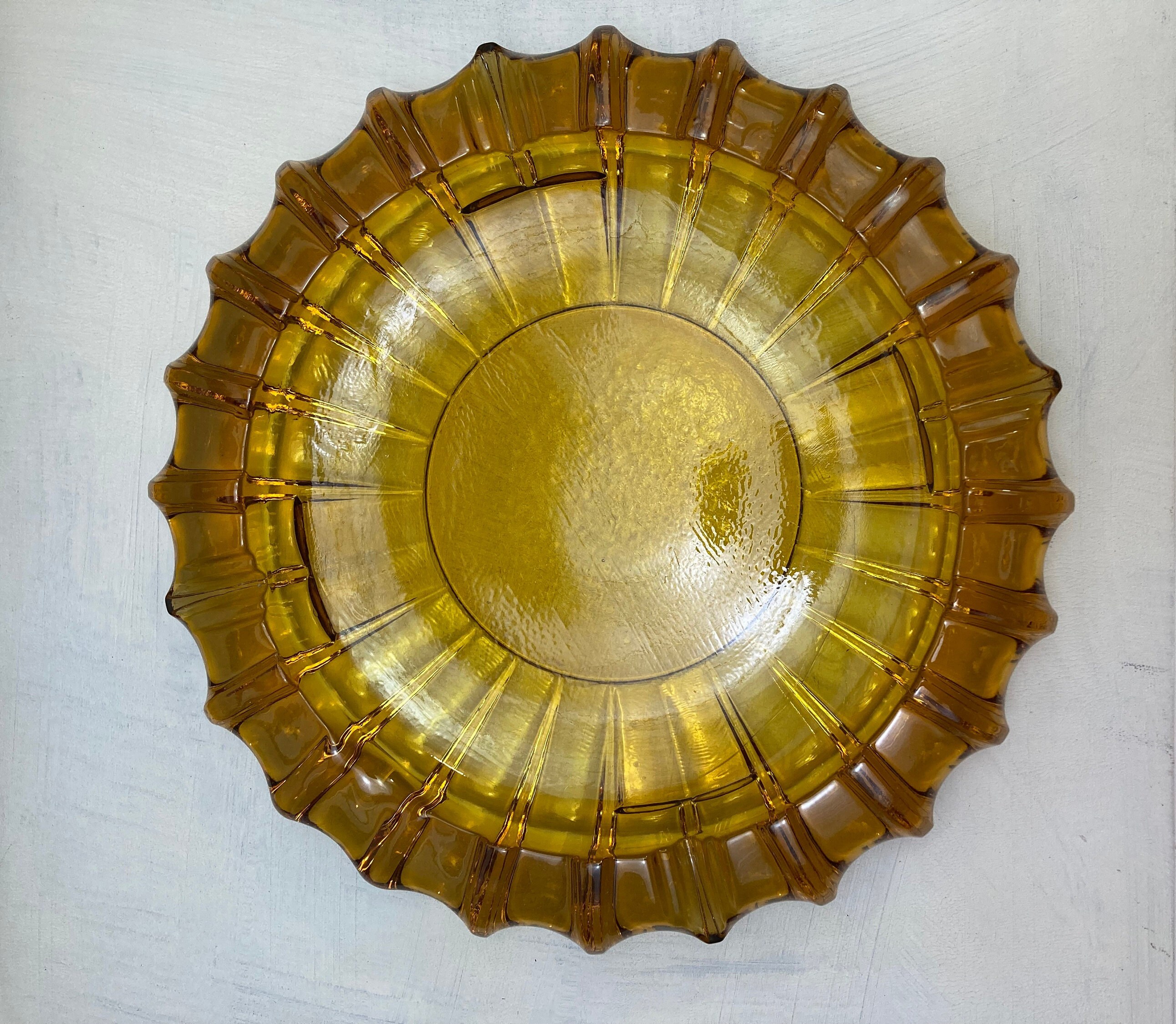 Vintage Amber Yellow Gold Ashtray Heavy Art Glass Round 4 Slot 10 MCM ...