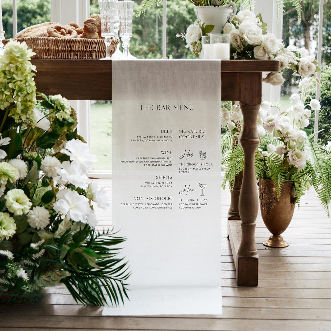 Linen Bar Menu Sign, Custom Wedding Drink Banner, Elegant Cocktail Sign ...